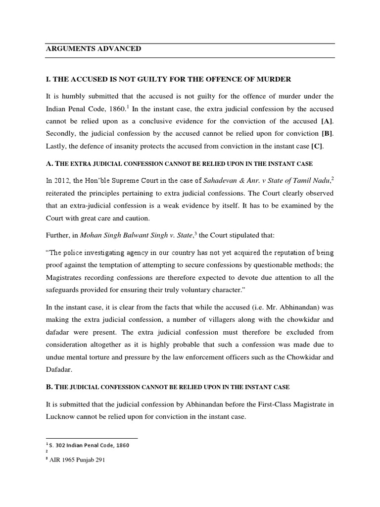 Arguments Advanced: He Extra Judicial Confession Cannot Be Relied Upon ...