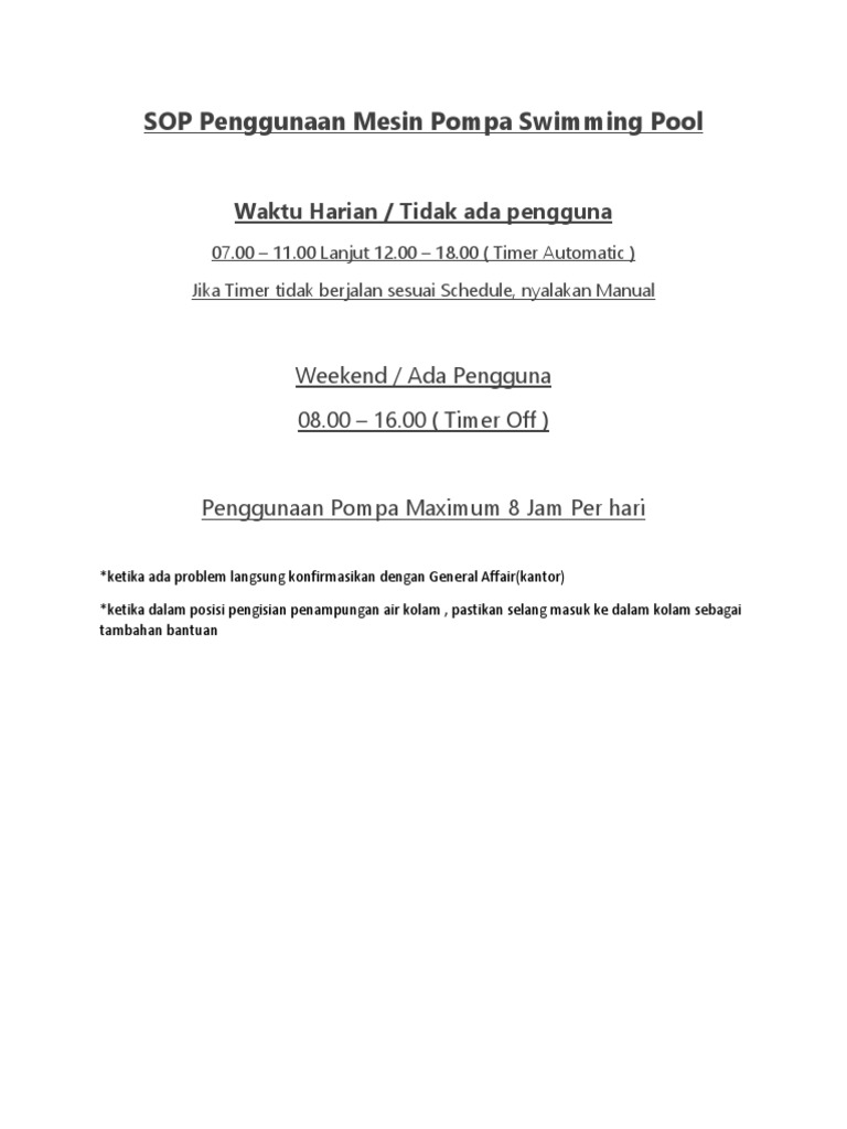 SOP Penggunaan Mesin Pompa Swimming Pool | PDF