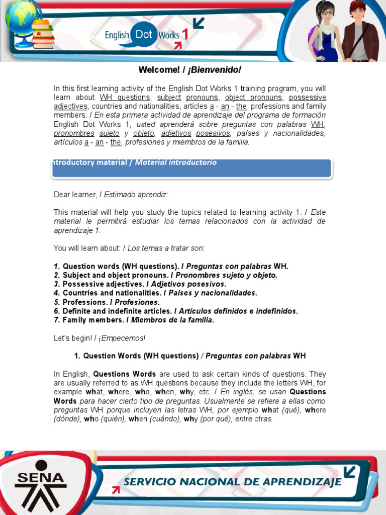 Material - Welcome Sena 1 Actividad | PDF | Asunto (gramática ...