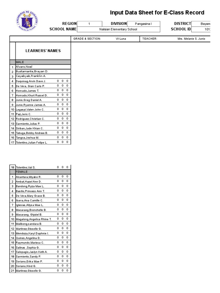 Input Data Sheet For E-Class Record: Region Division District School ...