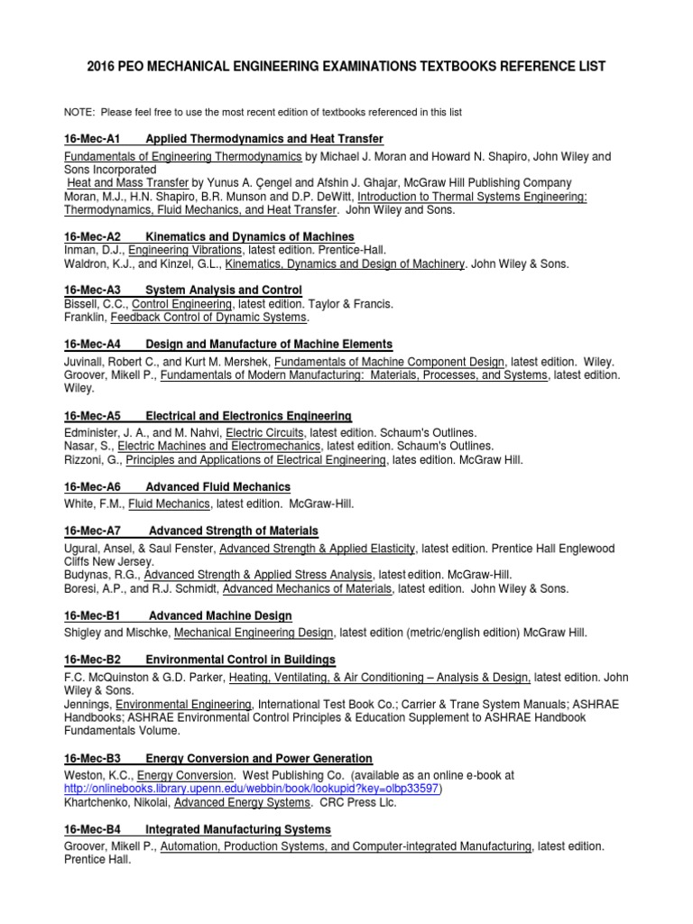 2016 Peo Mechanical Engineering Examinations Textbooks Reference List ...