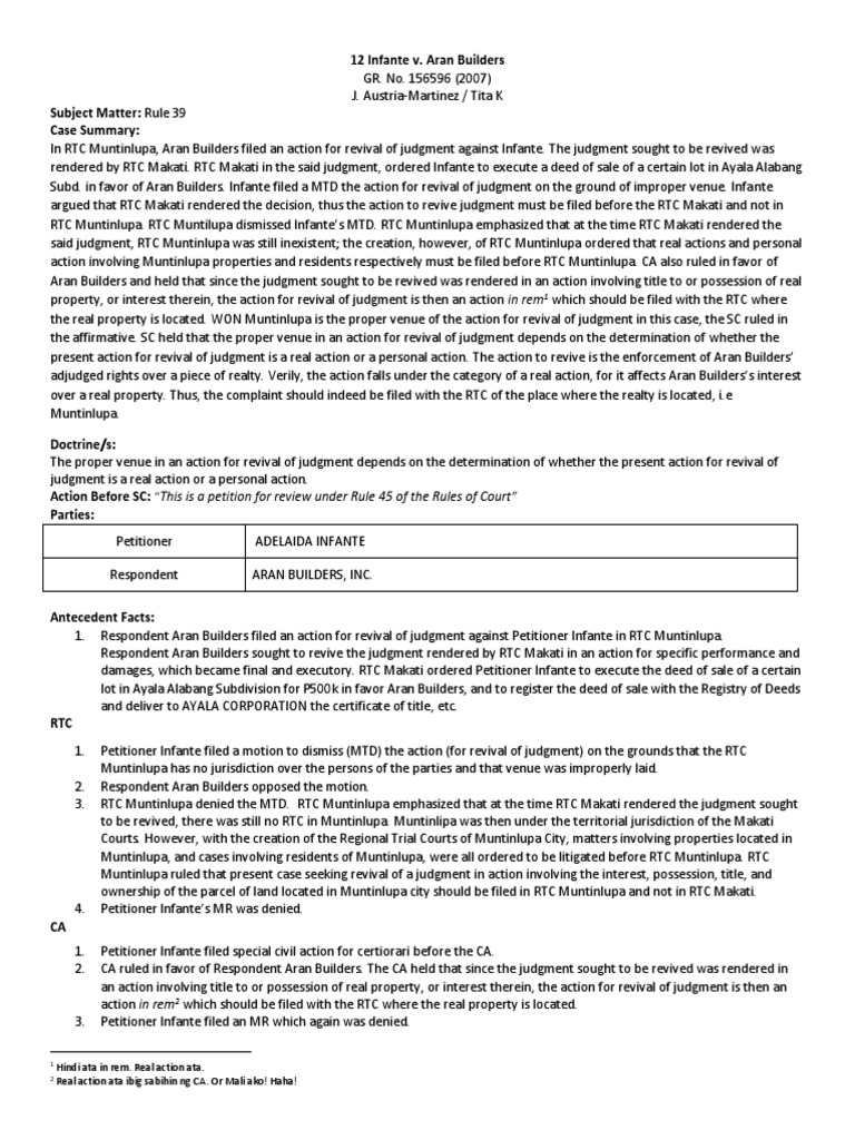 Infante v. Aran Builders Digest | PDF | Judgment (Law) | Complaint
