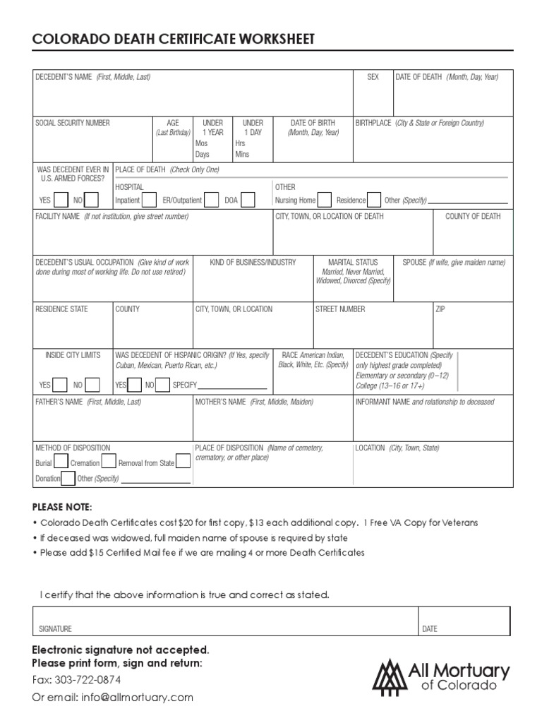 Colorado Death Certificate Worksheet | PDF | Death Certificate | Race ...