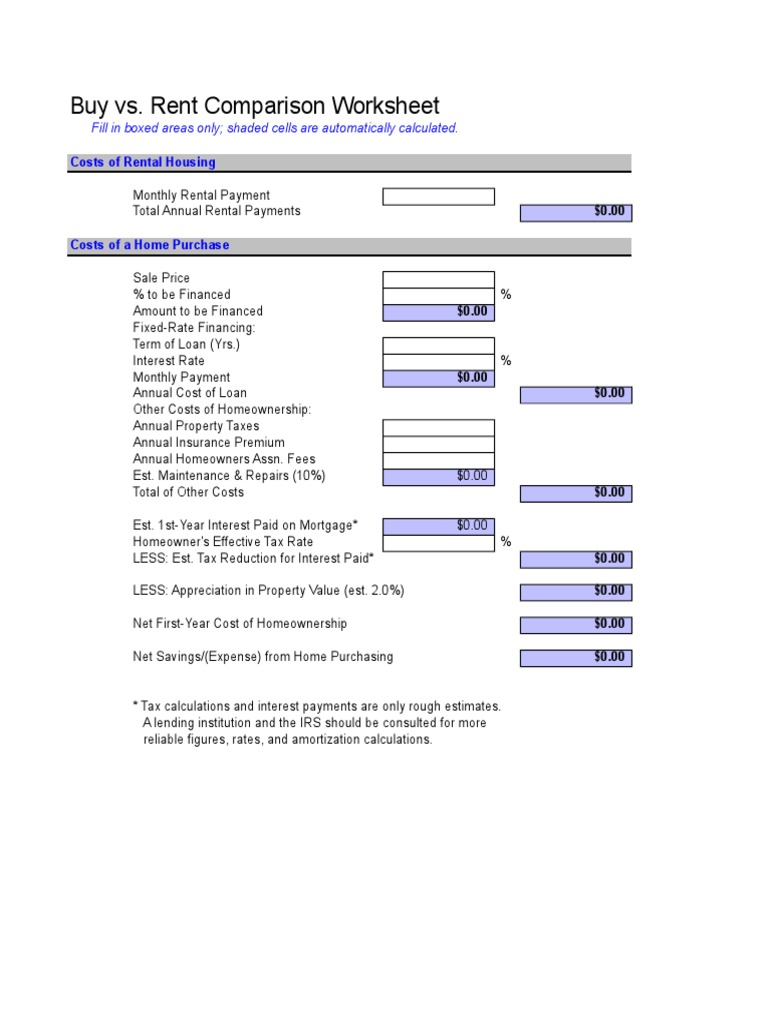 Buy vs. Rent Comparison Worksheet: Costs of Rental Housing | PDF
