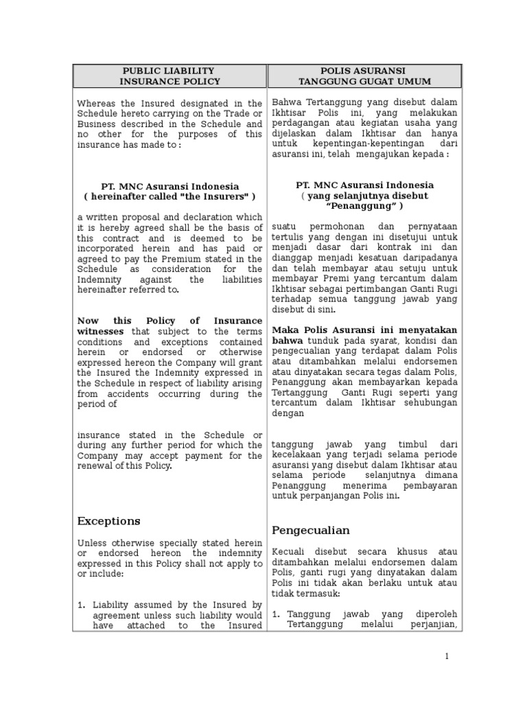Wording Public Liability | PDF