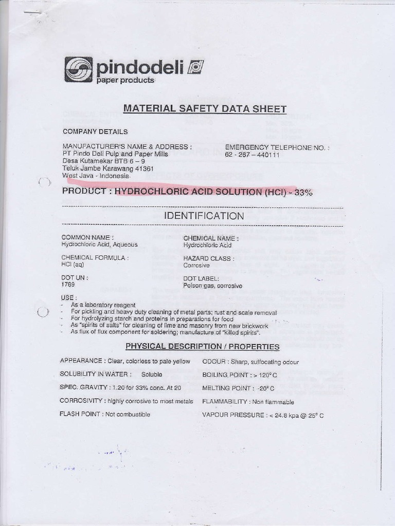 MSDS HCL | Explosion | Chlorine