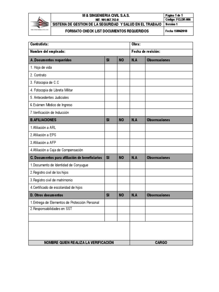 Formato Check List Documentos Requeridos | PDF