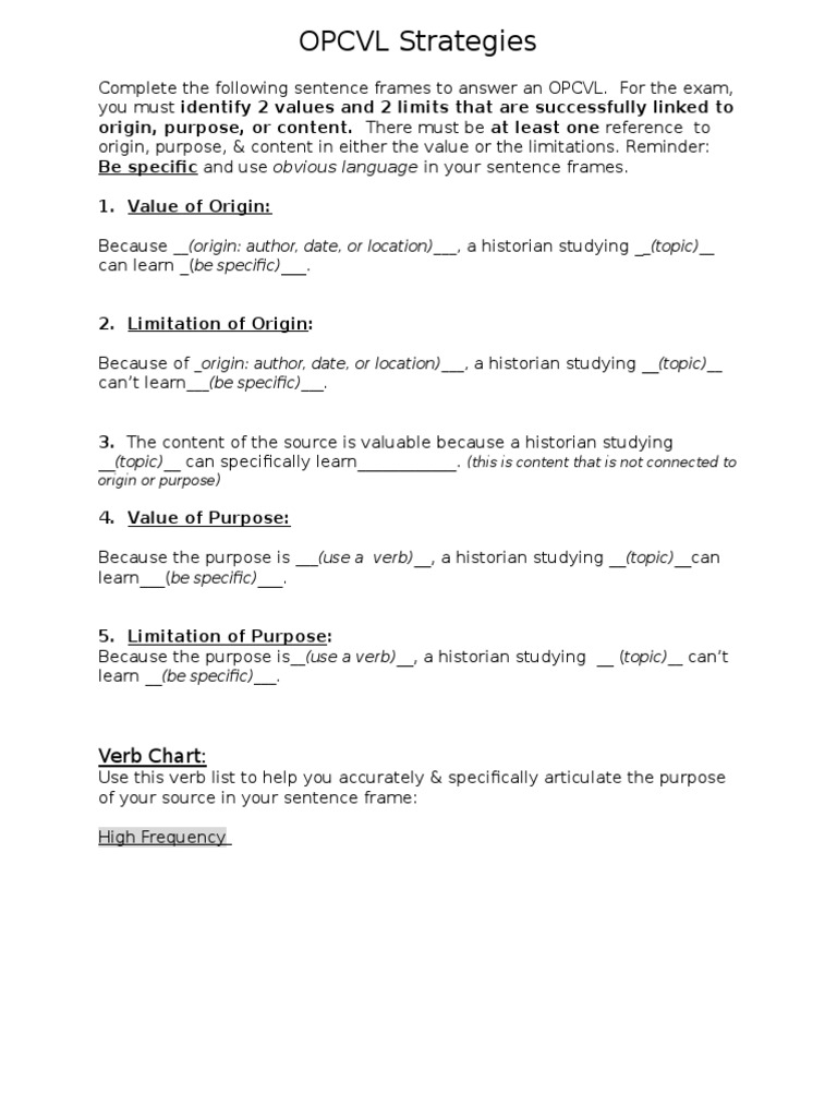 OPCVL Sentence Frames | PDF