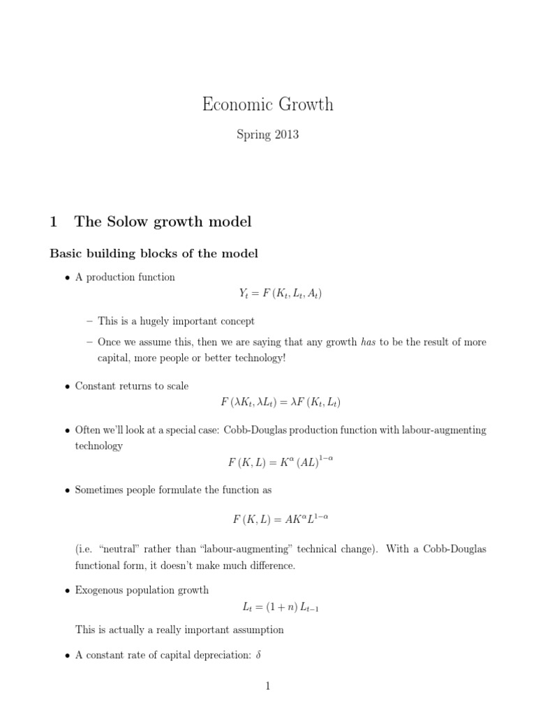 Economic Growth: 1 The Solow Growth Model | PDF | Economic Growth ...