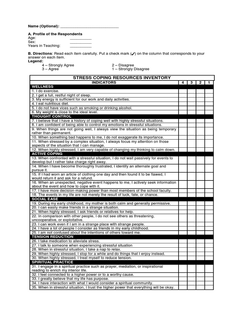 Stress Coping Survey Questionnaire | PDF | Coping (Psychology) | Stress ...