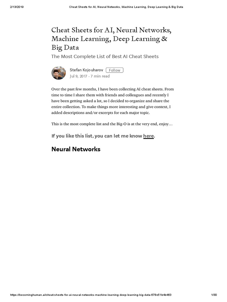 Cheat Sheets For AI, Neural Networks, Machine Learning, Deep Learning & Big Data PDF | PDF ...