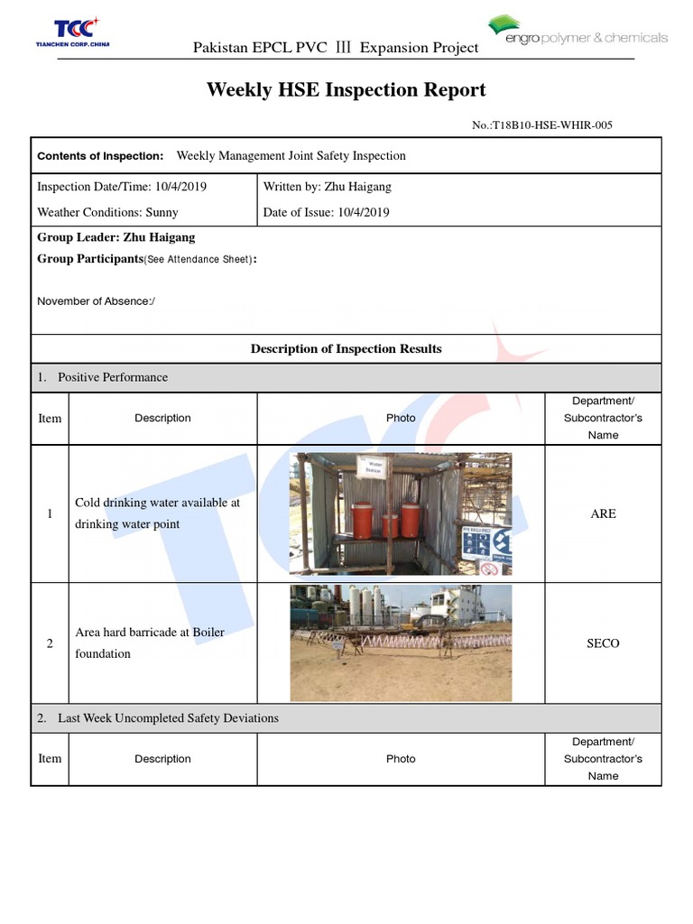 Weekly HSE Inspection Report 20190409 | PDF | Polyvinyl Chloride | Water