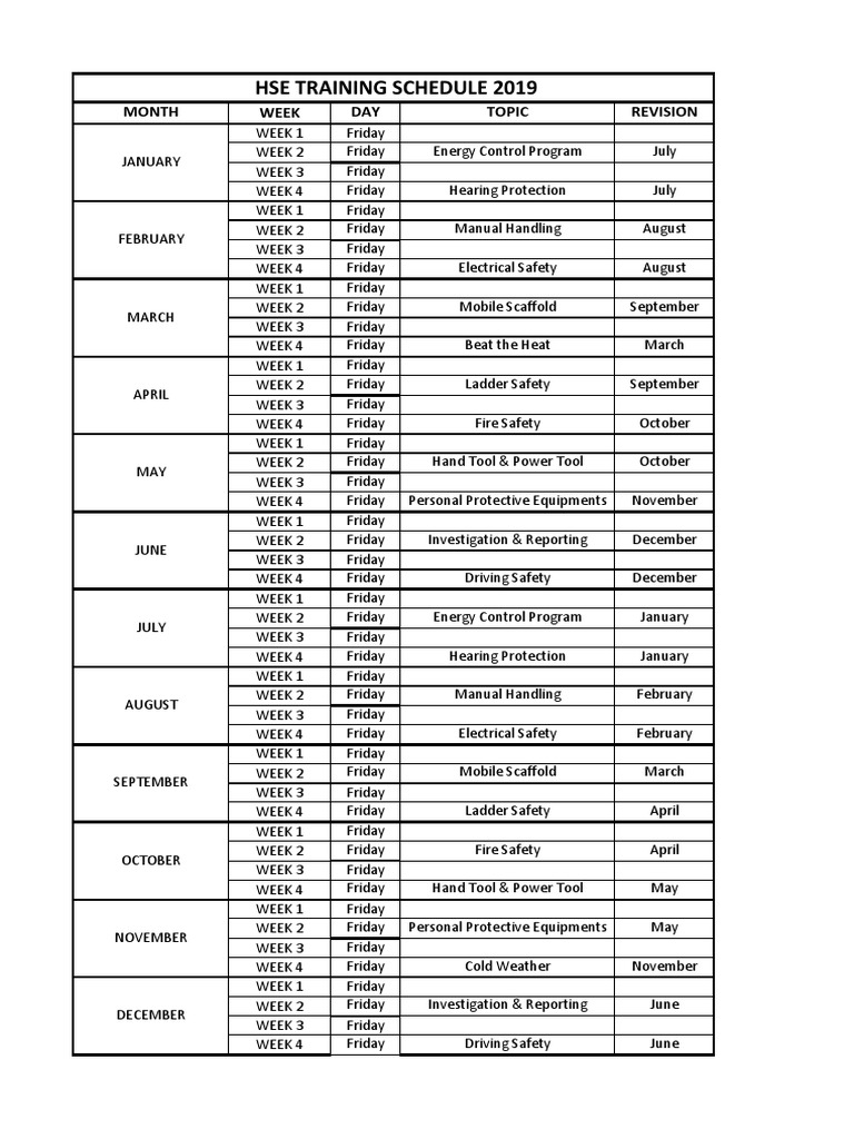 HSE Training Schedule | PDF | Manufactured Goods | Energy And Resource
