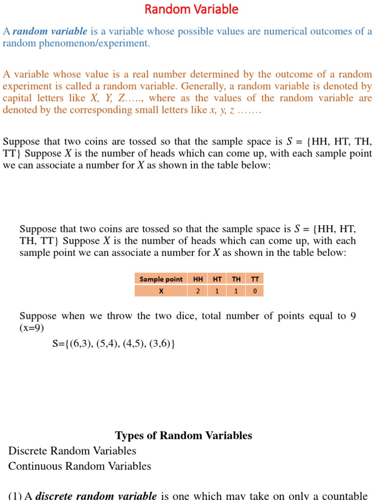 A Random Variable Is A Variable Whose Possible Values Are Numerical Outcomes of A Random ...