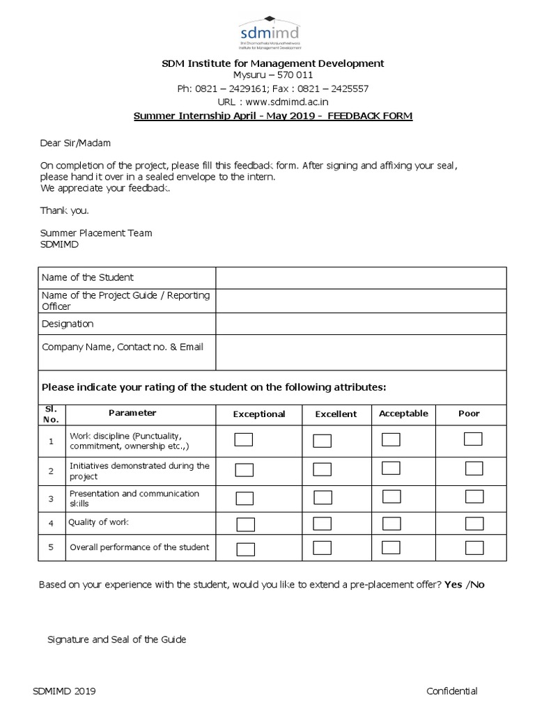 SIP Feedback Form 2019 | PDF