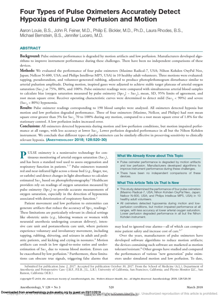 Four Types of Pulse Oximeters Accurately Detect Hypoxia During Low ...