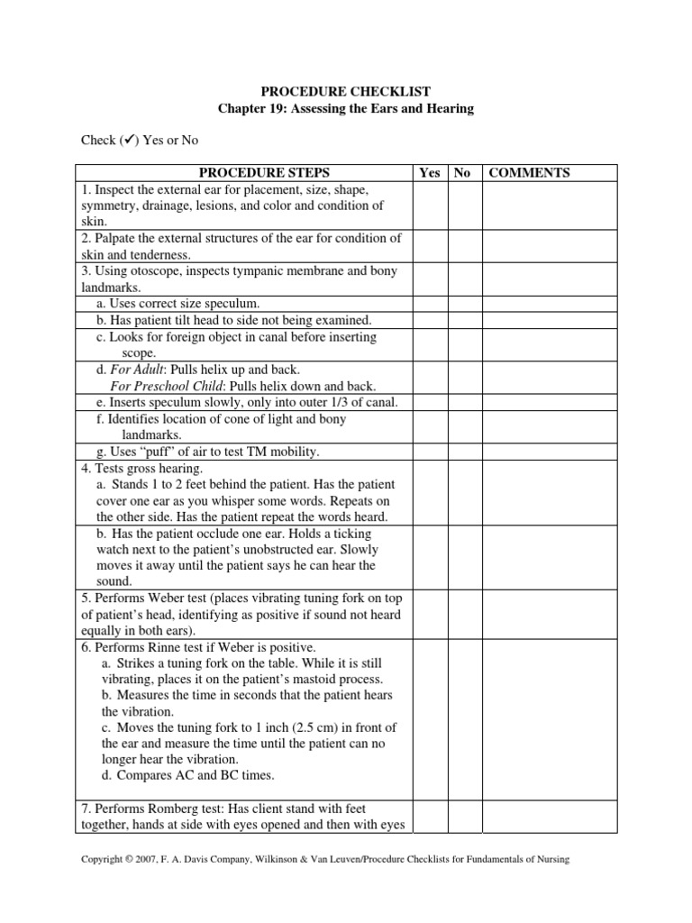 Procedure Checklist Chapter 19: Assessing The Ears and Hearing | PDF ...