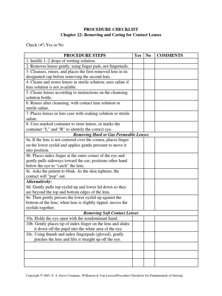 Procedure Checklist Chapter 22: Removing and Caring For Contact Lenses ...