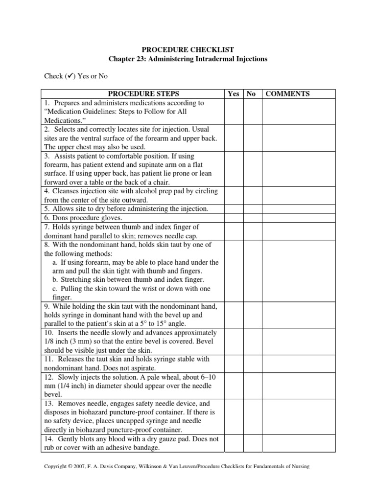 Procedure Checklist Chapter 23: Administering Intradermal Injections ...
