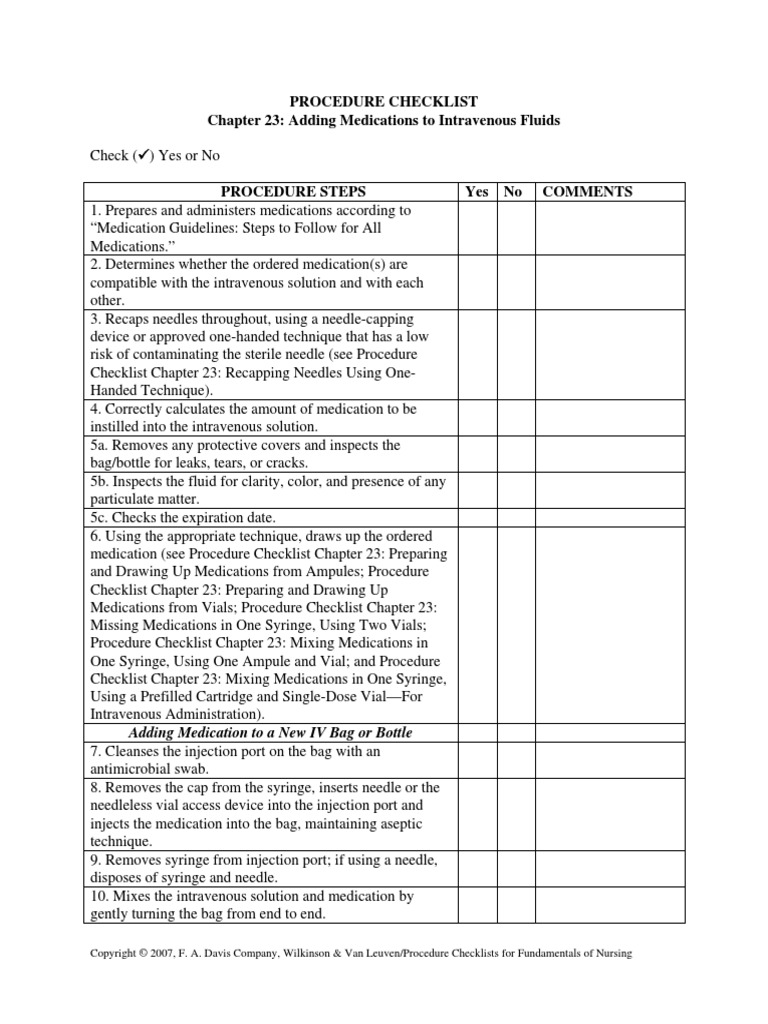 Procedure Checklist Chapter 23: Adding Medications To Intravenous ...