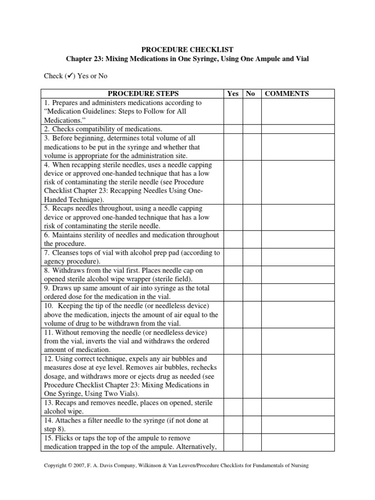 Procedure Checklist Chapter 23: Mixing Medications in One Syringe ...