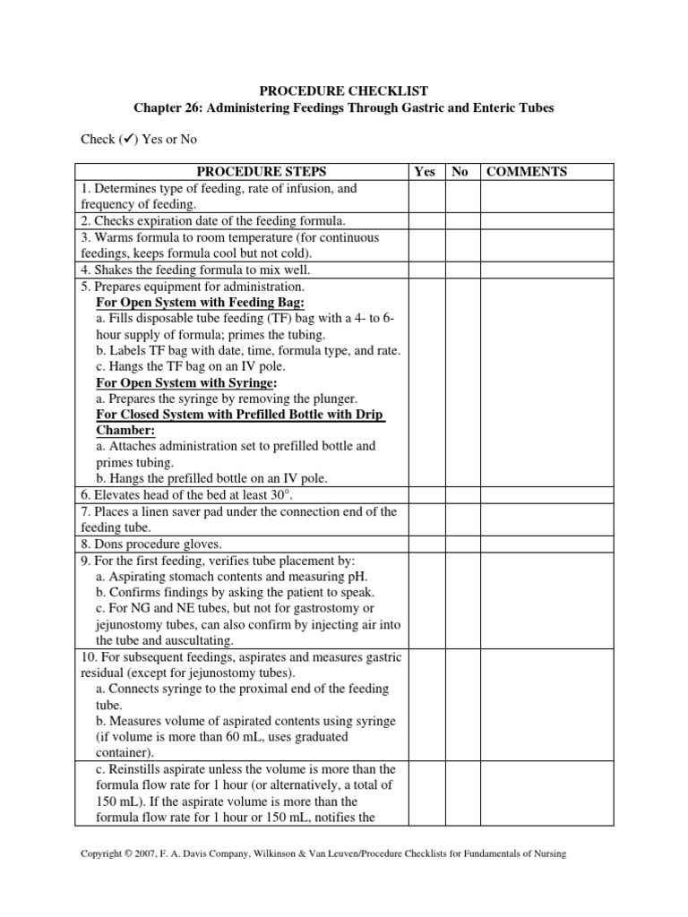 Procedure Checklist Chapter 26: Administering Feedings Through Gastric ...