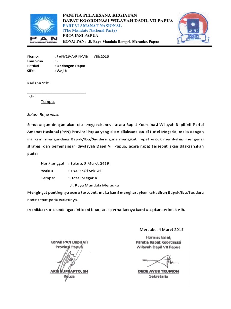 Undangan Rapat Partai Pan | PDF