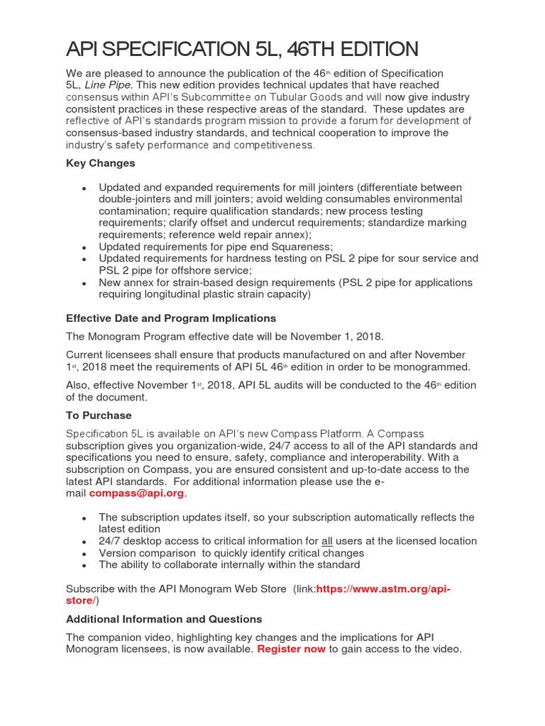 API 5L 46TH Edition | PDF | Specification (Technical Standard) | Websites