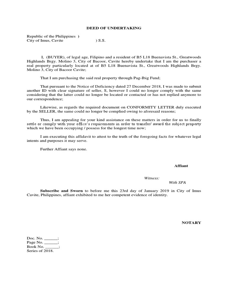 Deed of Undertaking for Property Purchase | PDF