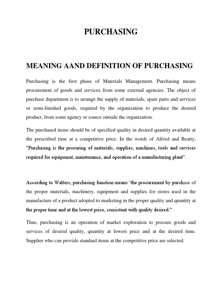 Purchasing: Meaning Aand Definition of Purchasing | PDF | Procurement ...