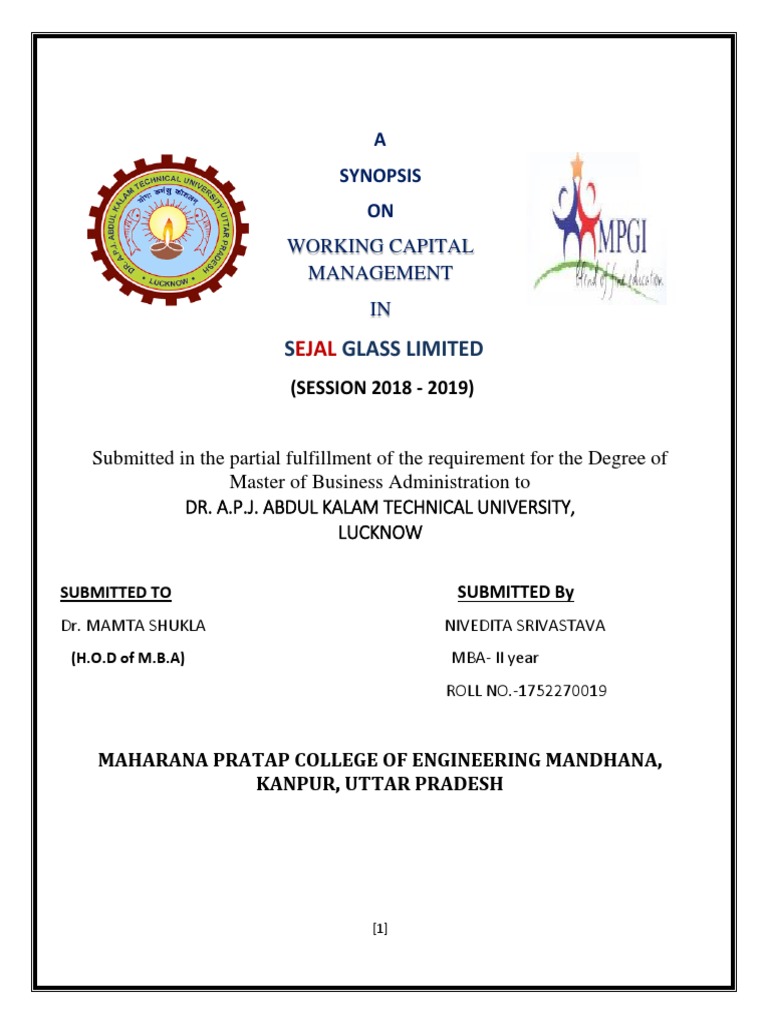 Mba Project Synopsis by Nivedita | PDF | Working Capital | Sampling ...