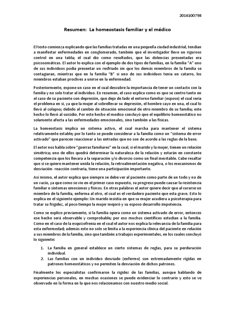 Resumen Homeostasis Familiar | PDF | Homeostasis | Las emociones