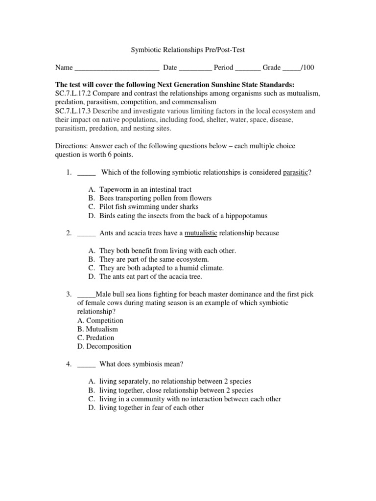 Symbiotic Relationships Pre/Post-Test | PDF | Symbiosis | Community Ecology
