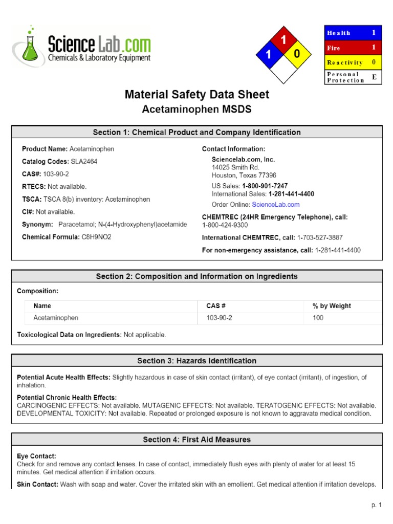 Material Safety Data Sheet - Acetaminophen - MSDS | PDF