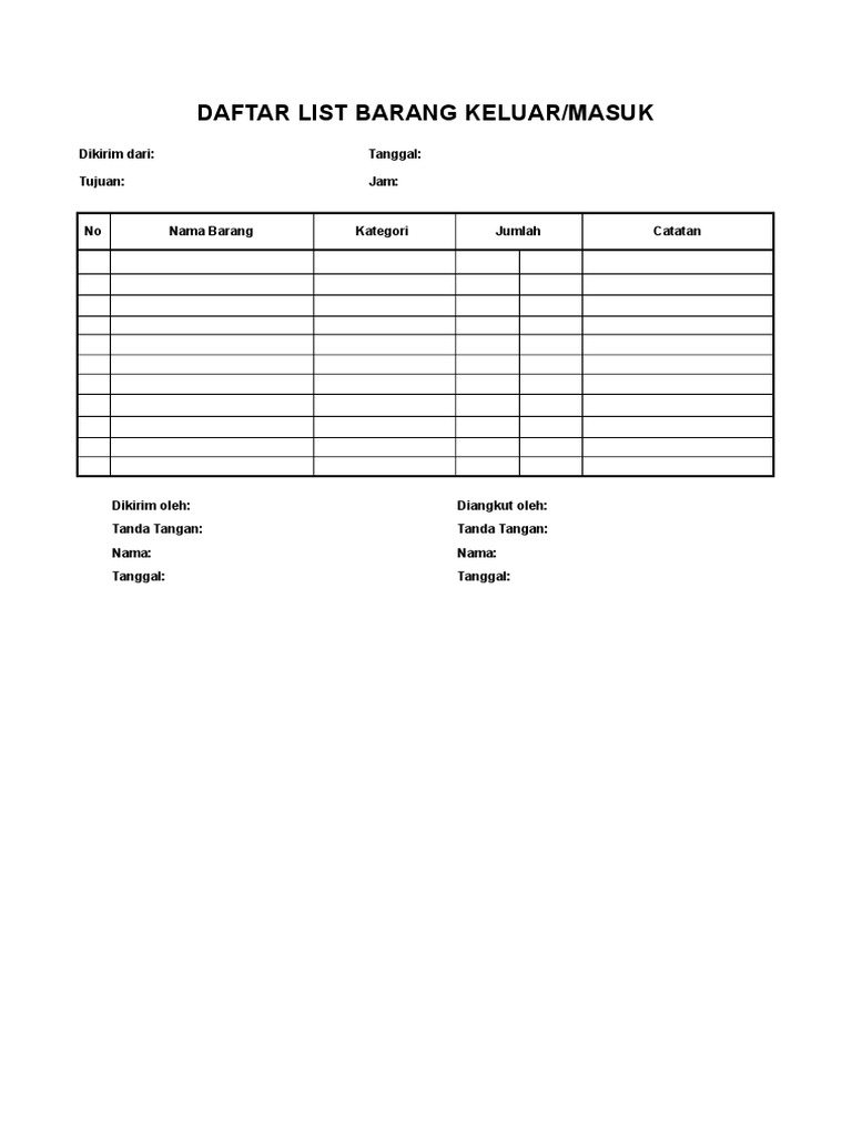 Contoh Daftar Barang Masuk/Keluar | PDF
