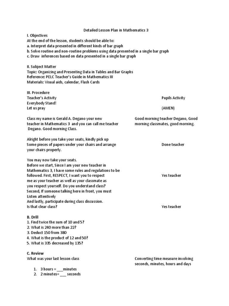 Detailed Lesson Plan in Mathematics 3 | PDF | Lesson Plan | Teaching ...