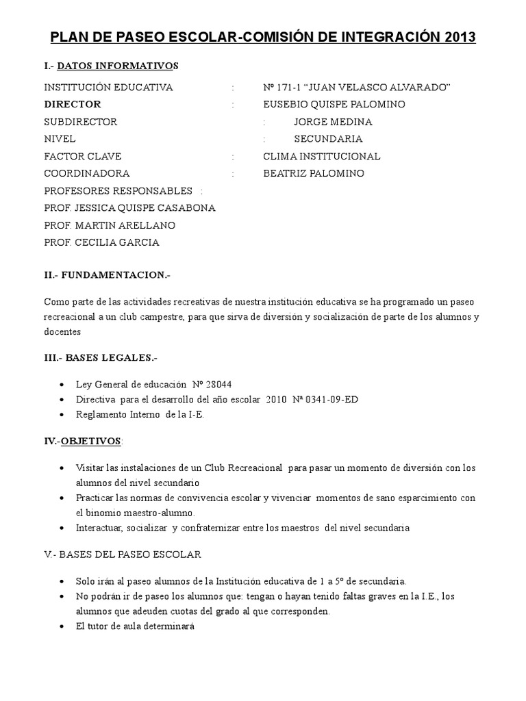 Plan de Paseo Escolar | Descargar gratis PDF | Modificación de comportamiento | Aprendizaje