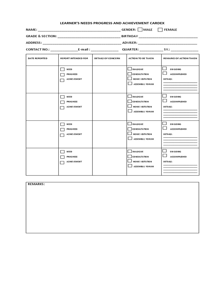 Learner'S Needs Progress and Achievement Cardex | PDF | Parent | Relationships