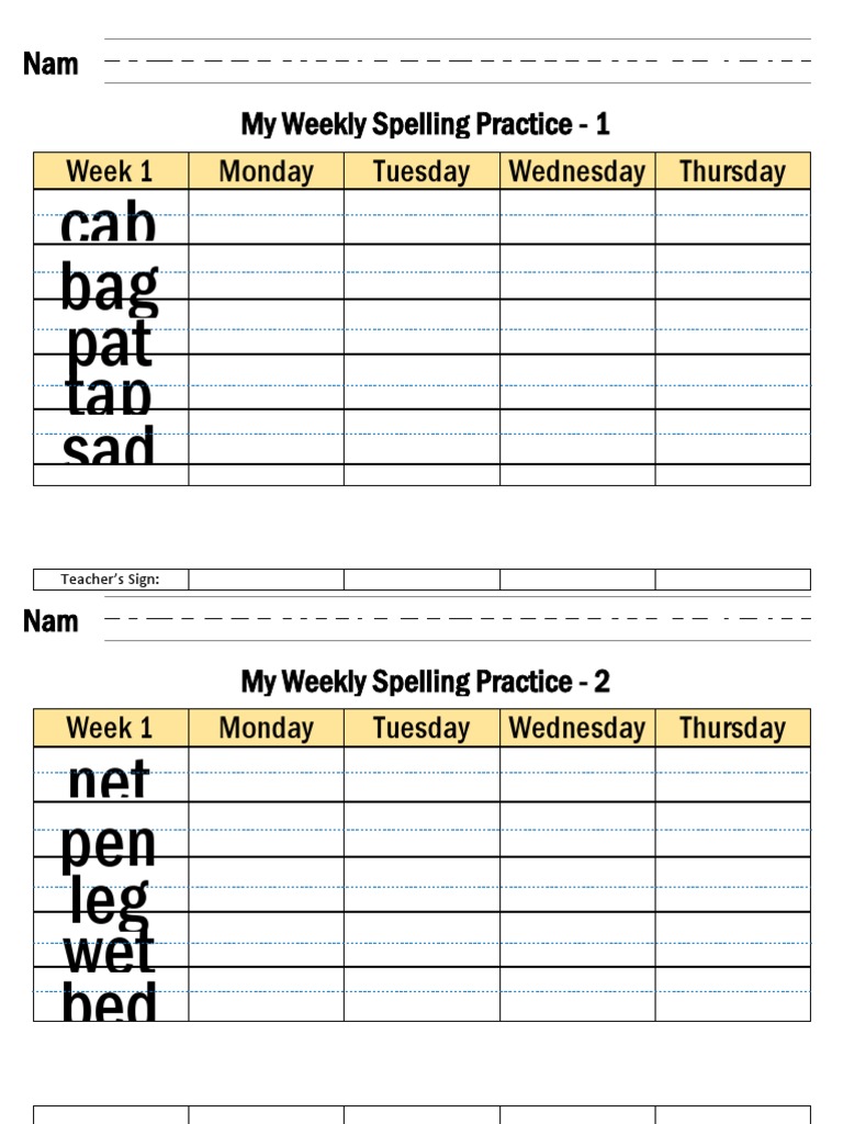 Weekly Spelling Practice List | PDF