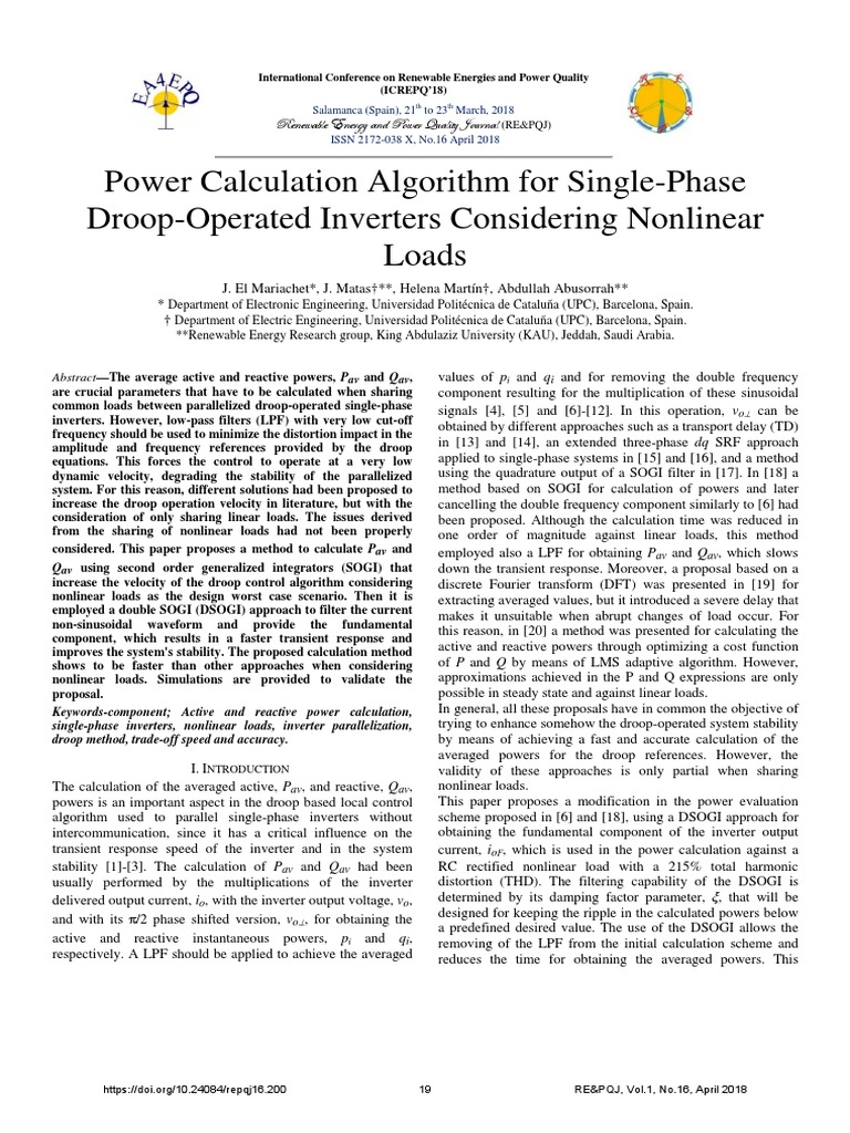Power Calculation Algorithm For Single-Phase Droop-Operated Inverters ...