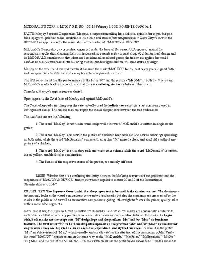 Macjoy Case | PDF | Trademark | Mc Donald's