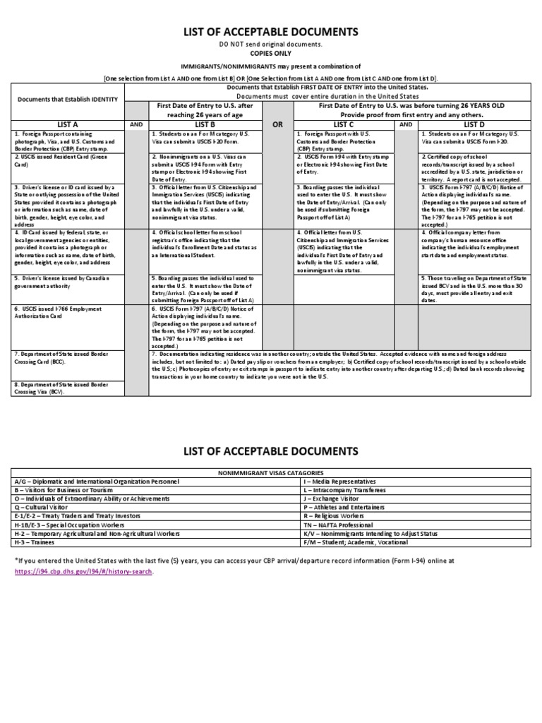 List of Acceptable Documents: List A List B OR List C List D | Download ...