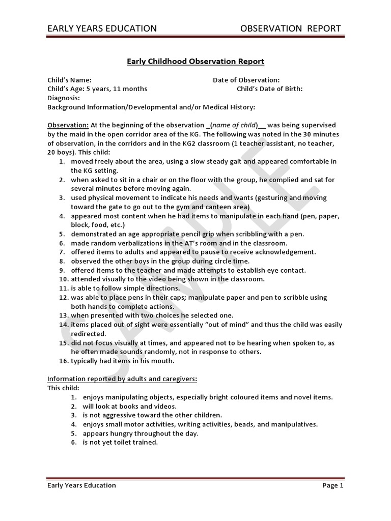 8.2 Sample Early Childhood Observation Report PDF | PDF | Sign Language ...
