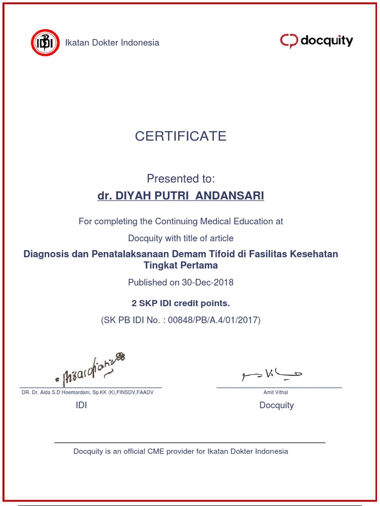 IDI Certificate for Diagnosing and Managing Typhoid Fever | PDF