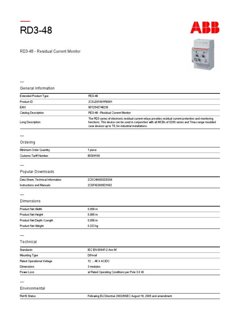 RD3-48 Residual Current Monitor | PDF | Relay | Electric Power