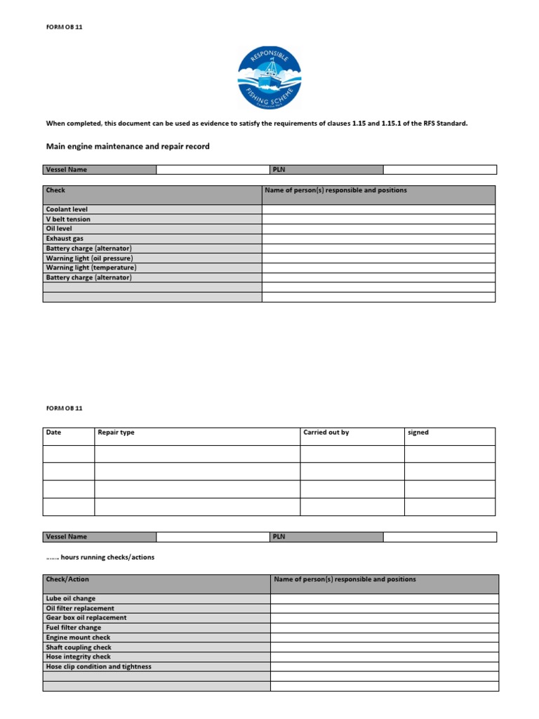 Main Engine Maintenance and Repair Record: Form Ob 11 | PDF