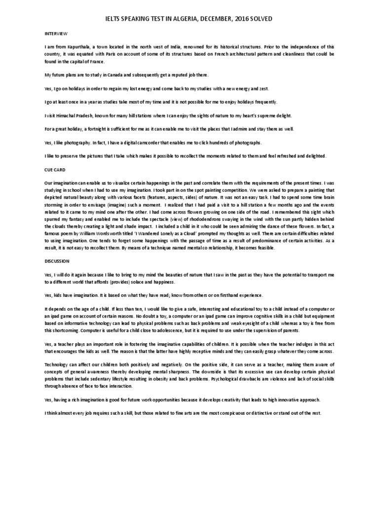 Ielts Speaking Test in Algeria | PDF | Mind | Imagination