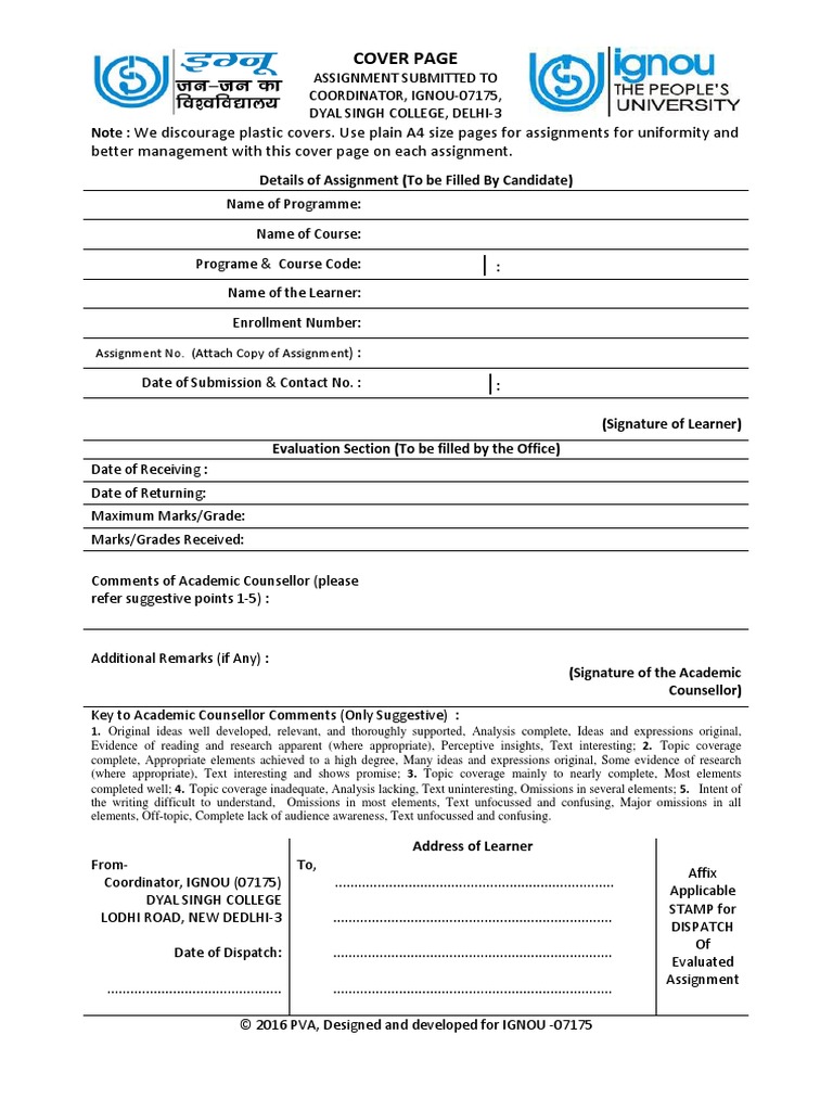 Ignou Assignment Cover Page Design