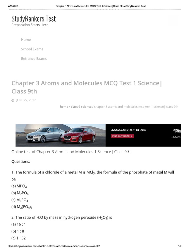 Chapter 3 Atoms and Molecules MCQ Test 1 Science - Class 9th | PDF