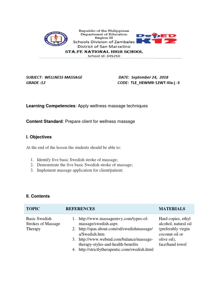 Detailed Lesson Plan in Massage Therapy (1) by MRI | PDF | Hand | Massage